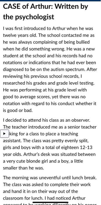 Solved CASE of Arthur: Written by the psychologist I was | Chegg.com