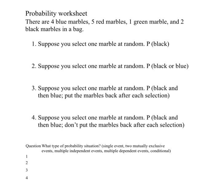 Solved Probability worksheet There are 4 blue marbles, 5 red | Chegg.com