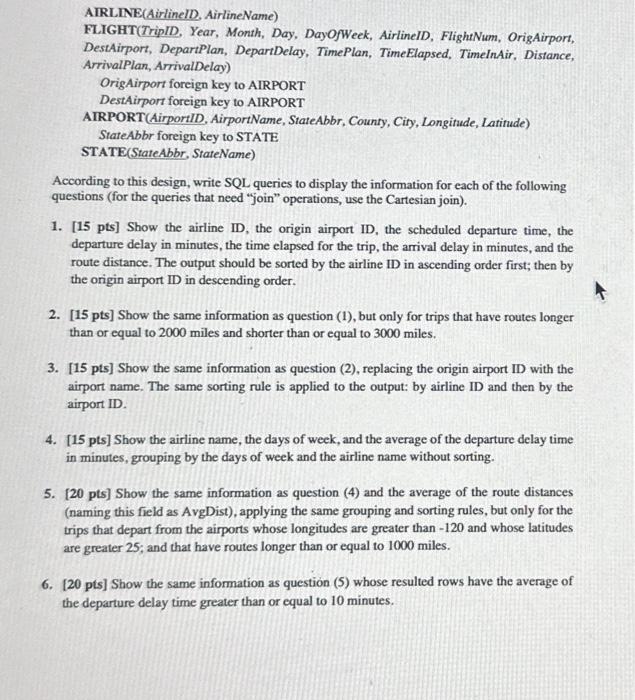 Solved AIRLINE(AirlineID, AirlineName) FLIGHT(TripID, Year, | Chegg.com