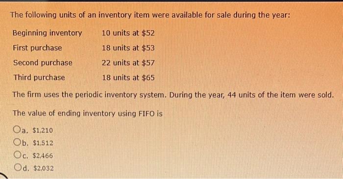 Solved The following units of an inventory item were | Chegg.com