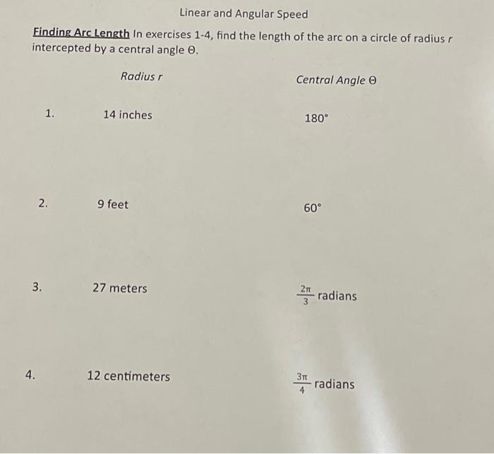 Solved Linear and Angular Speed Finding Arc Length In | Chegg.com