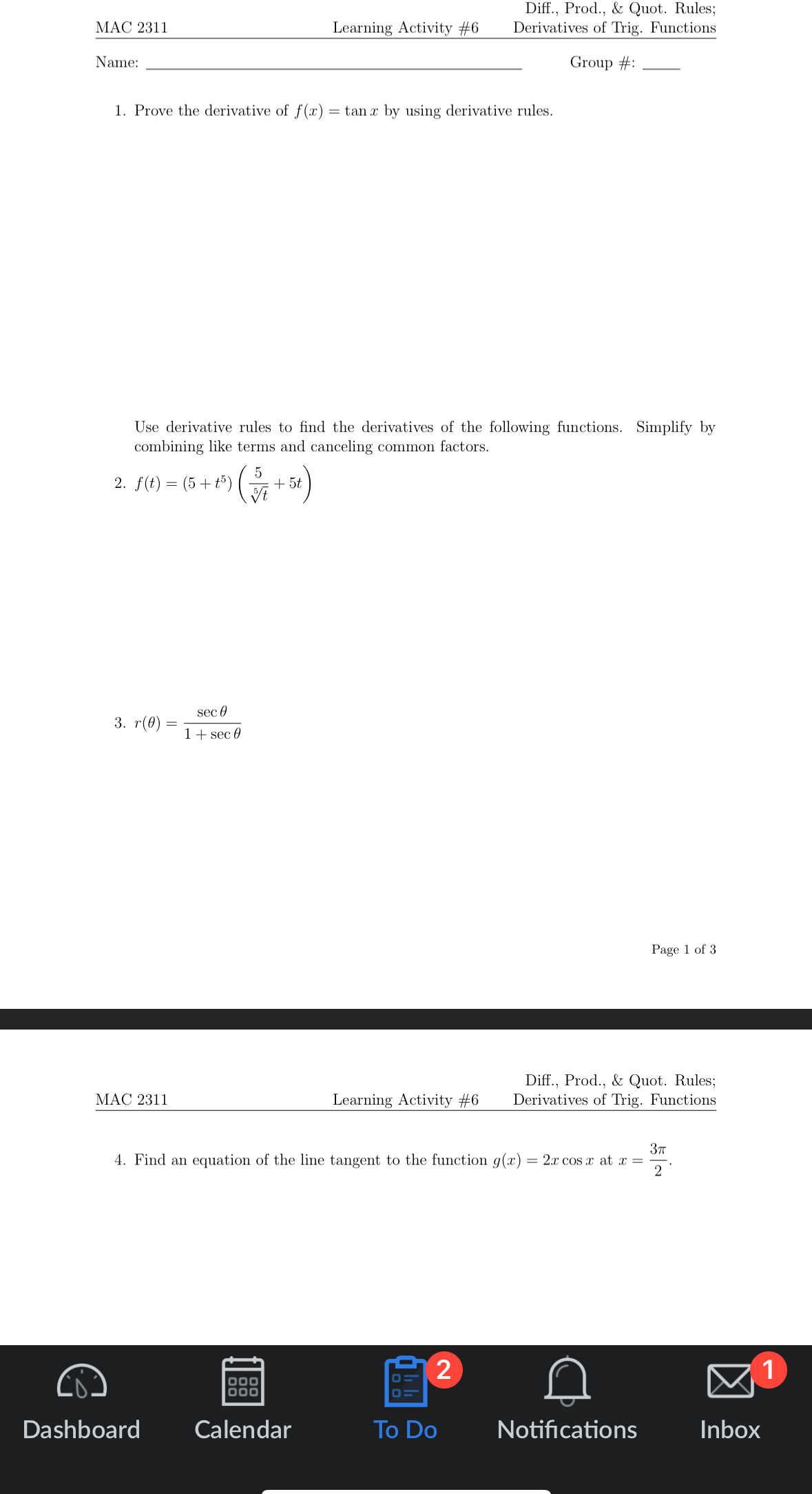 Solved Diff., Prod., & Quot. Rules;MAC 2311Learning Activity | Chegg.com