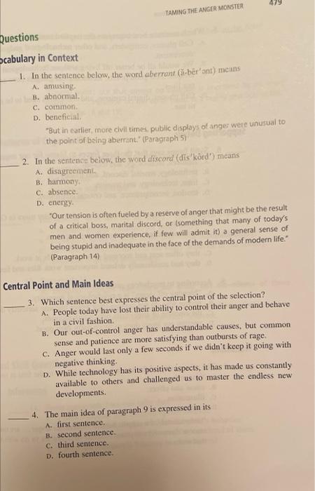 Solved 479 TAMING THE ANGER MONSTER Questions ocabulary in | Chegg.com