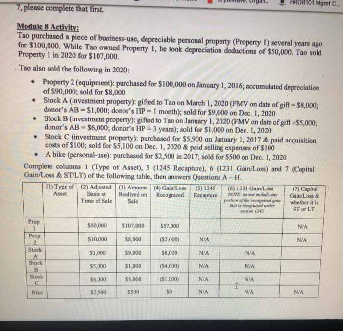 Solved AUW B. How is Tao's section 1245 recapture treated | Chegg.com