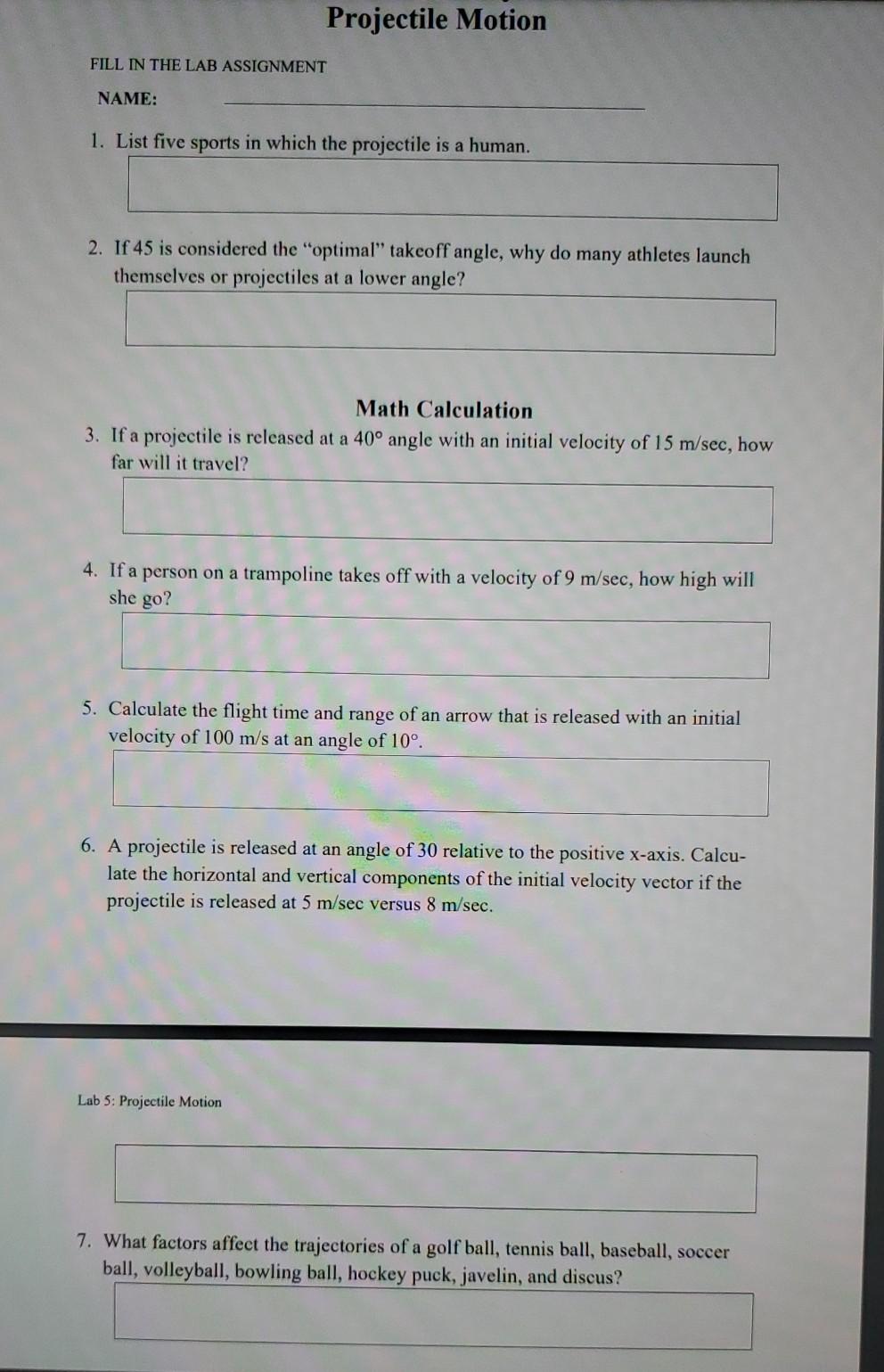 Solved Projectile Motion FILL IN THE LAB ASSIGNMENT NAME: 1. | Chegg.com