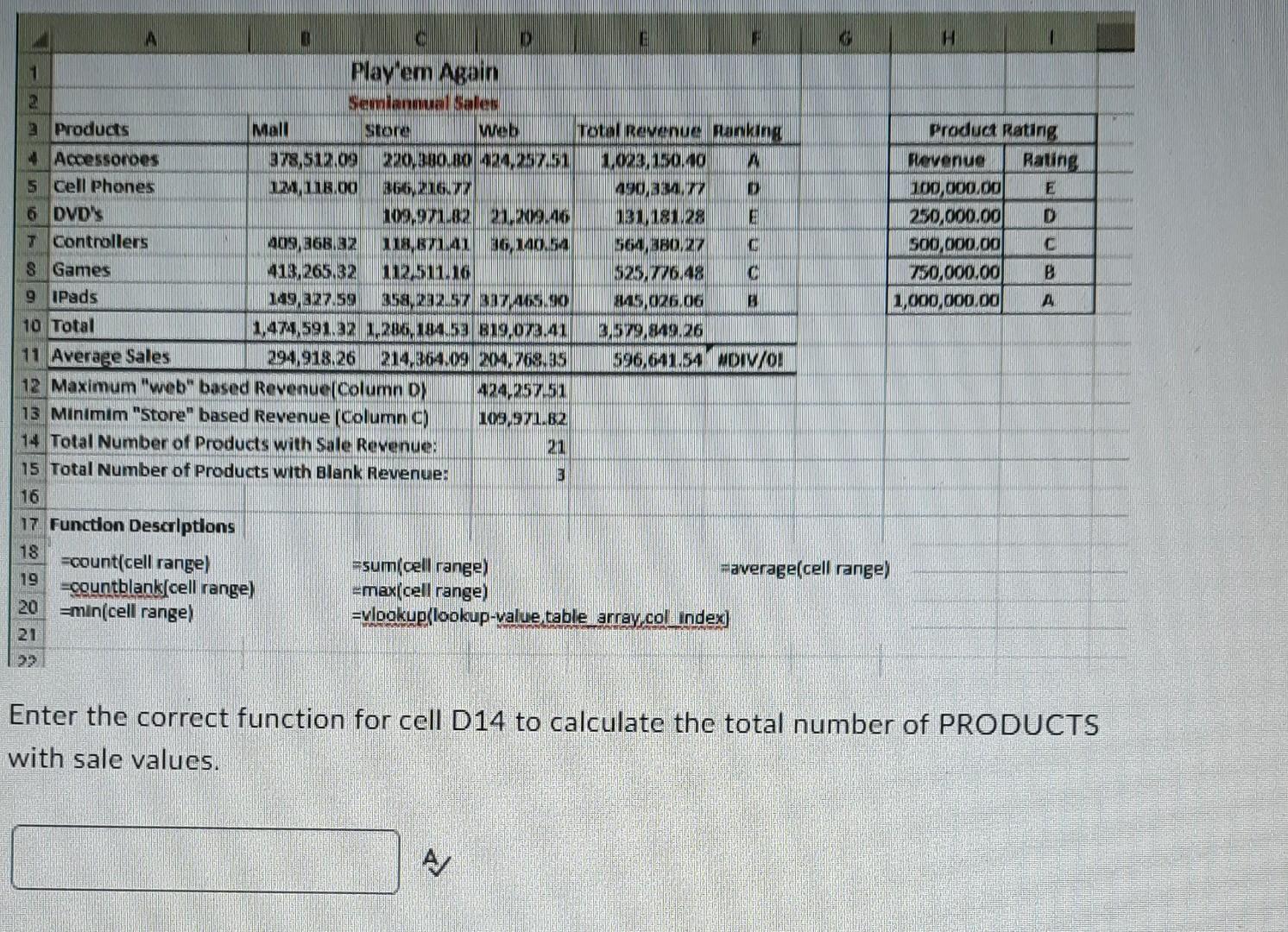 Solved Enter the correct function for cell D14 to calculate | Chegg.com