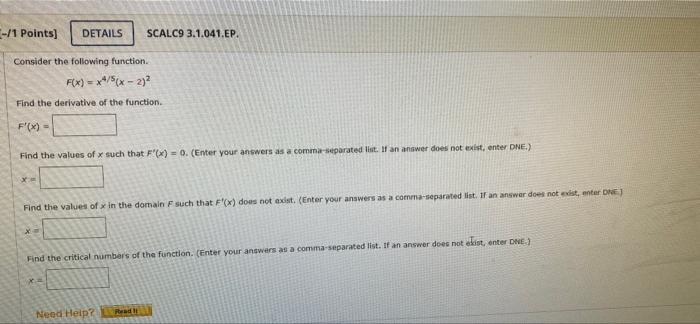 Solved -/1 Points] DETAILS SCALC9 3.1.041.EP. Consider the | Chegg.com