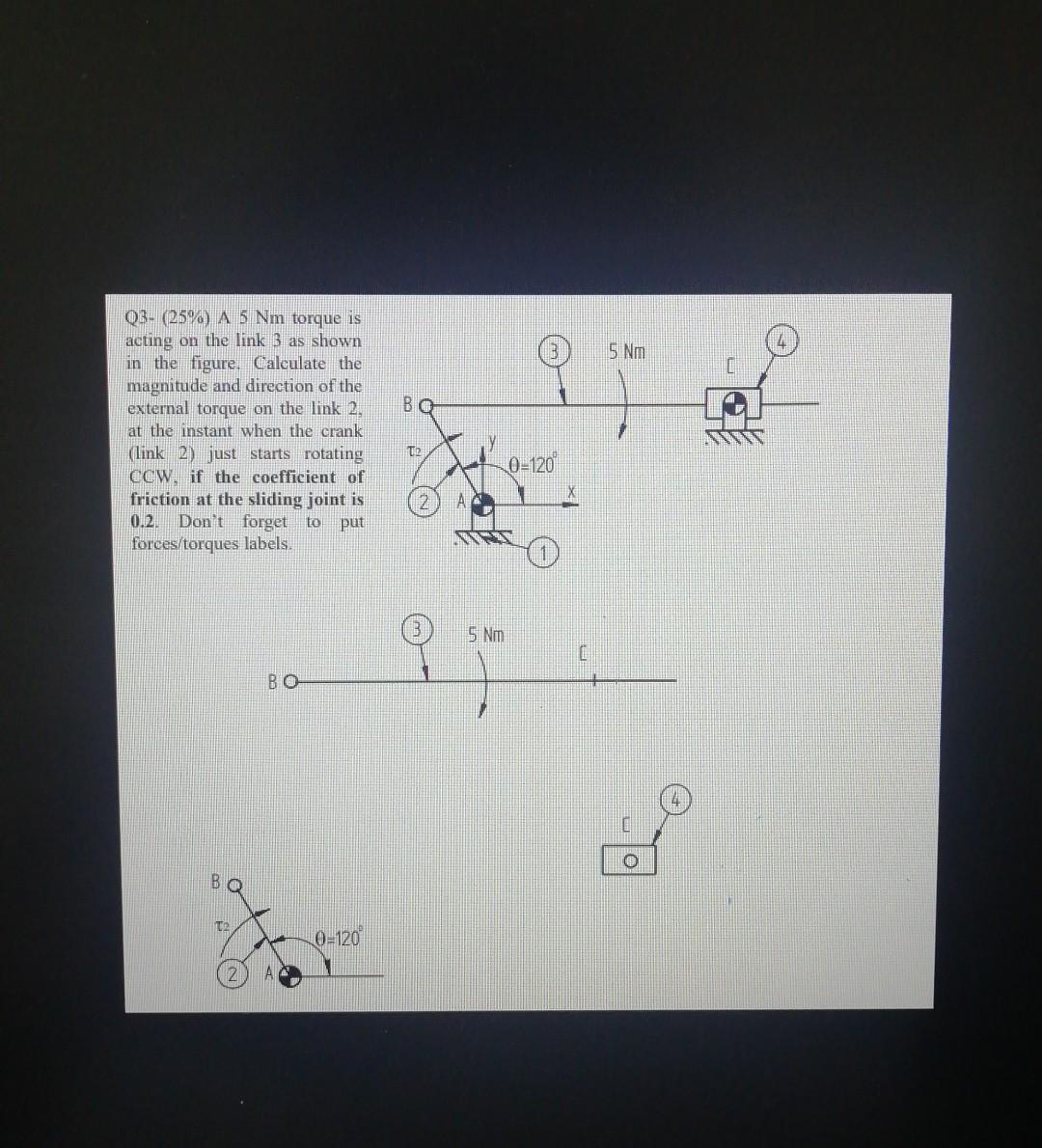 Solved Q3- (25%) A 5Nm torque is acting on the link 3 as | Chegg.com