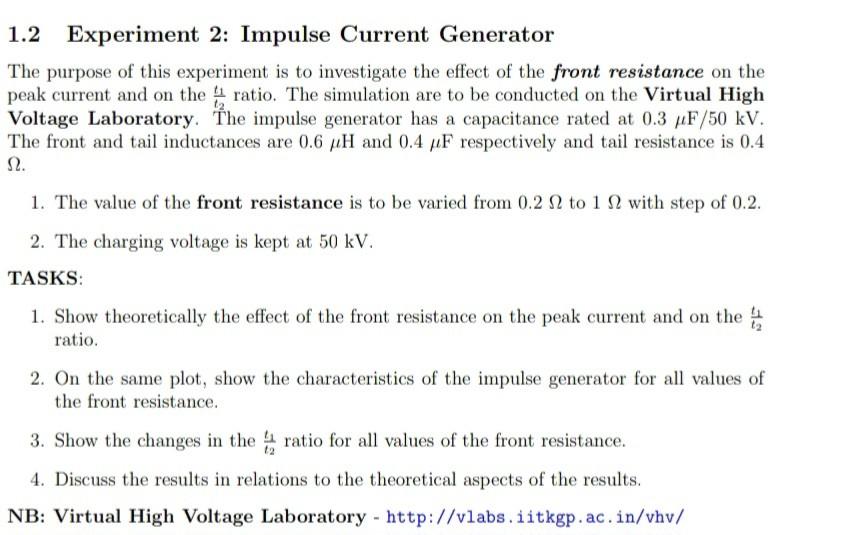 Solved 1.2 Experiment 2: Impulse Current Generator The | Chegg.com