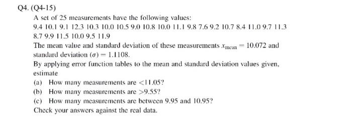 Solved 4.(Q4−15) A set of 25 measurements have the following | Chegg.com