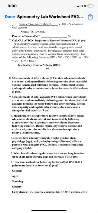 Solved 9:00 LTE Done Spirometry Lab Worksheet FA2... ☺ | Chegg.com
