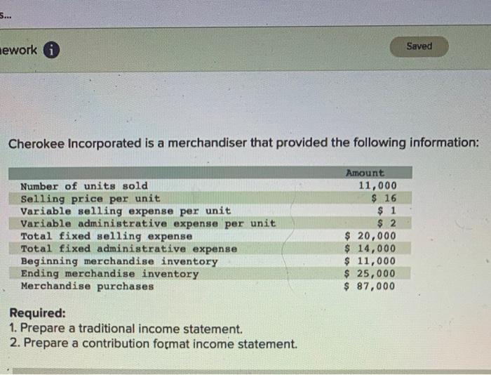 Solved S... ework Saved Cherokee Incorporated is a | Chegg.com