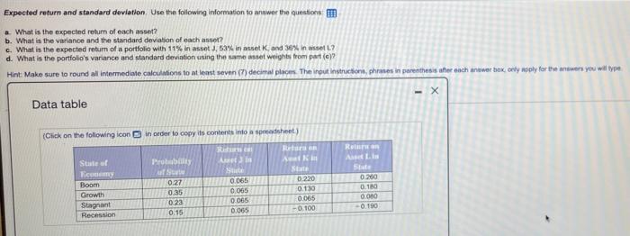 Solved Expected return and standard deviation. Use the | Chegg.com