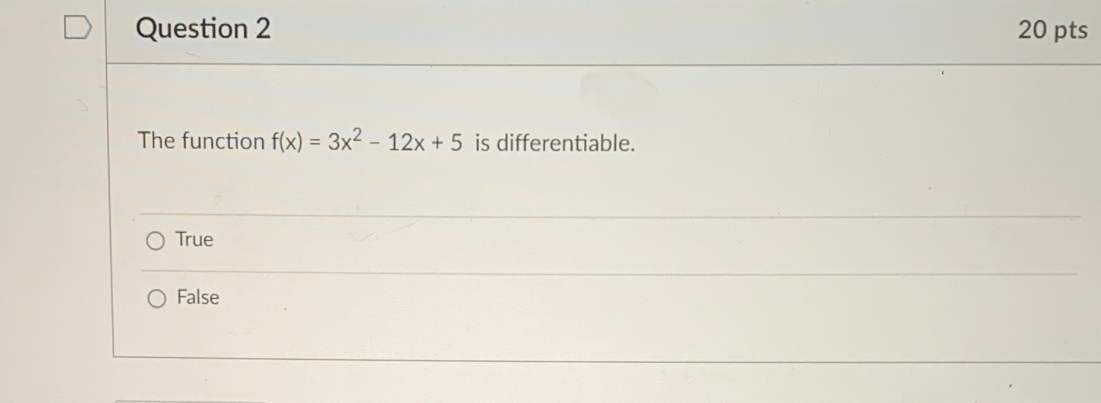 Solved Question 220 ptsThe function f(x)=3x2-12x+5 is | Chegg.com Solved Question 220 ptsThe function f(x)=3x2-12x+5 is | Chegg.com