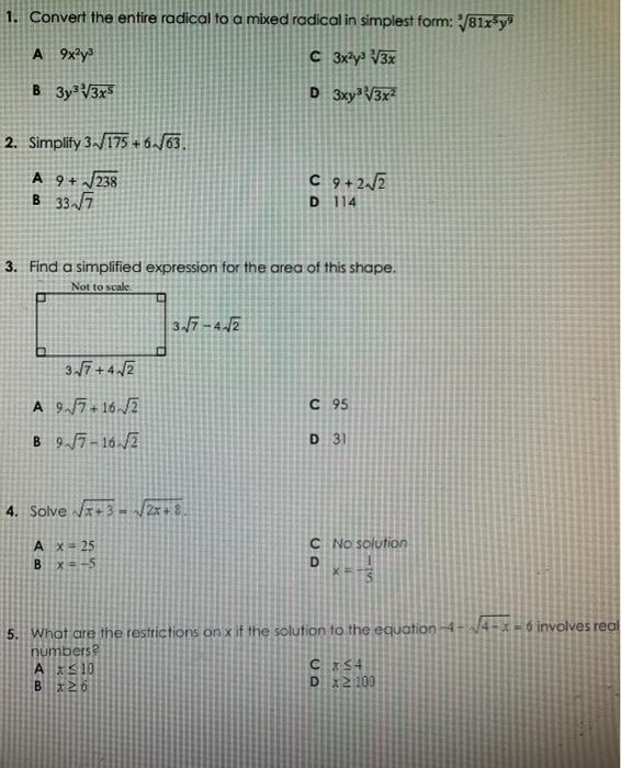 Solved 1. Convert the entire radical to a mixed radical in | Chegg.com