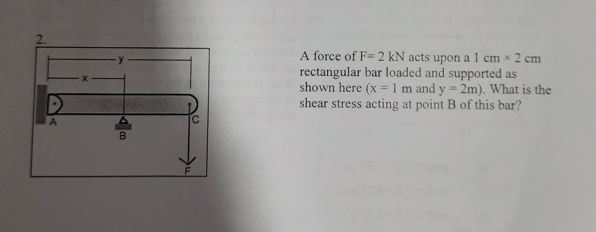 Solved A force of F=2kN ﻿acts upon a 1cm×2cm ﻿rectangular | Chegg.com
