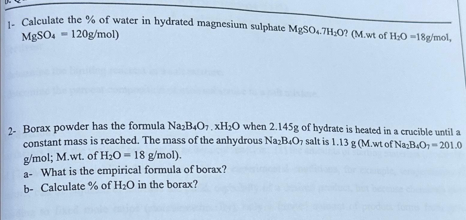 Solved 1- ﻿Calculate the % ﻿of water in hydrated magnesium | Chegg.com