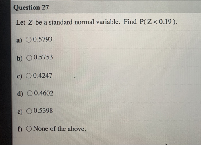 Solved Question 27 Let Z be a standard normal variable. Find | Chegg.com