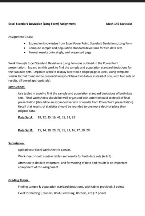 Solved Excel Standard Deviation (Long Form) Assignment Math | Chegg.com
