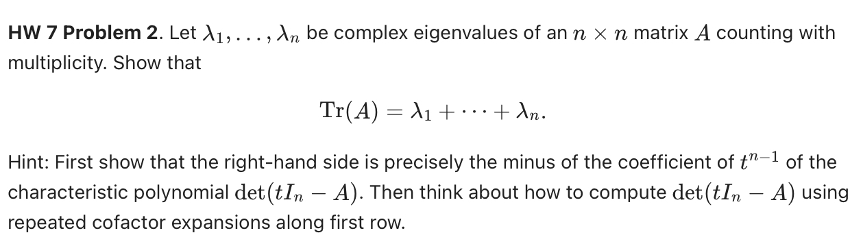 Solved HW 7 ﻿Problem 2. ﻿Let λ1,dots,λn ﻿be complex | Chegg.com