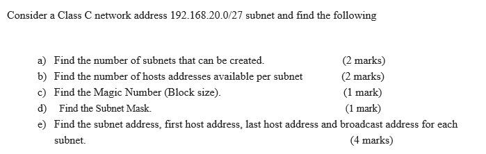Solved Consider a Class C network address 192.168.20.0/27 | Chegg.com