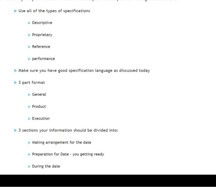 Solved Use all of the types of specifications Descriptive | Chegg.com