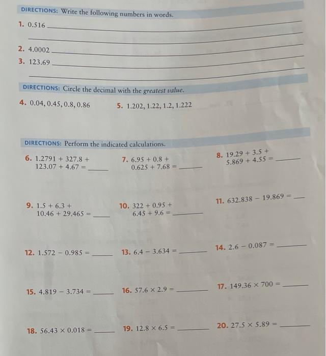 Solved DIRECTIONS: Write the following numbers in words. 1. | Chegg.com