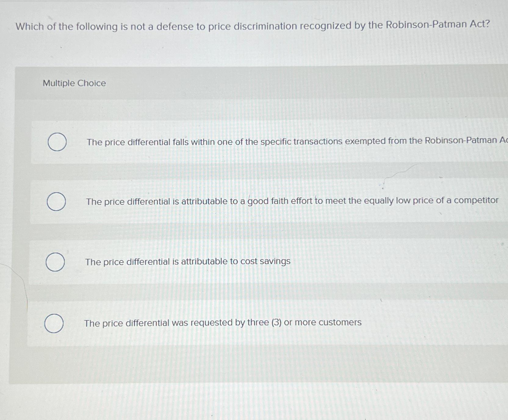 Solved Which of the following is not a defense to price | Chegg.com