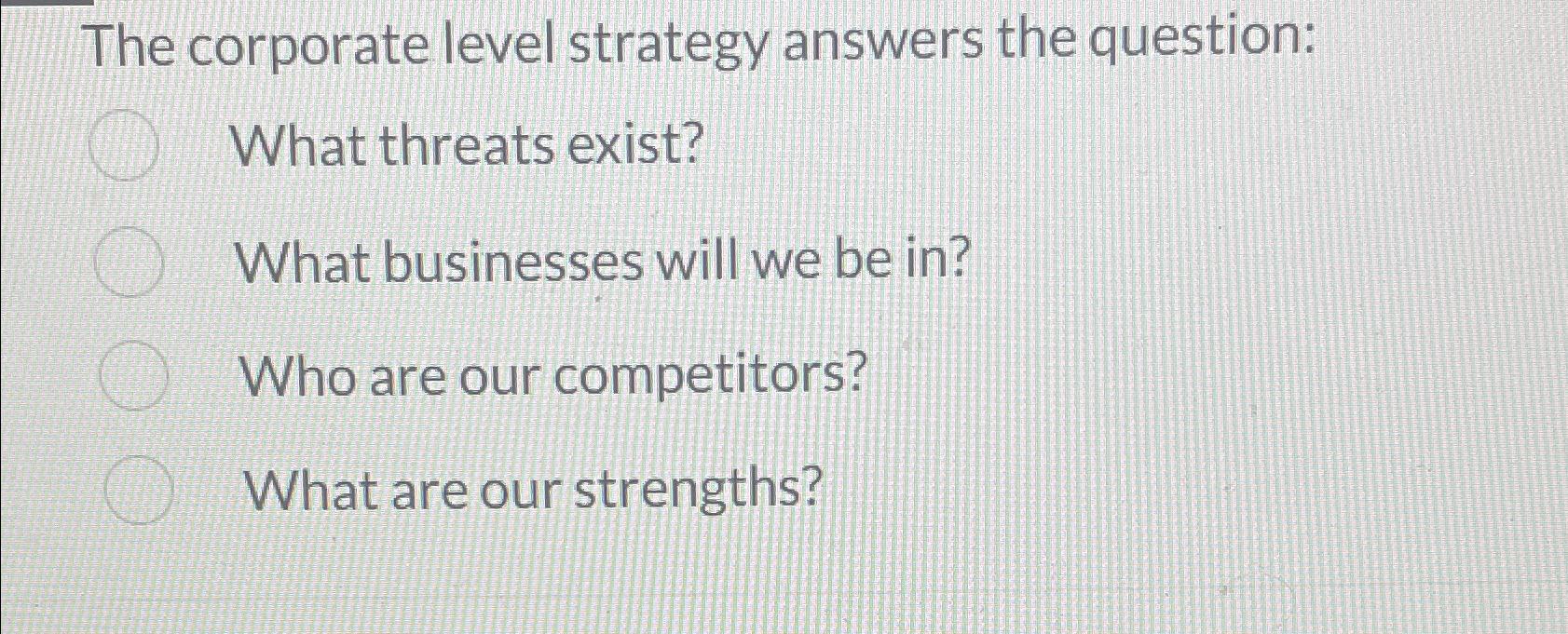 Solved The corporate level strategy answers the | Chegg.com