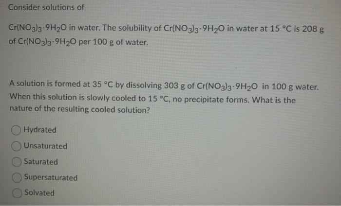 Solved Consider solutions of Cr(NO3)3⋅9H2O in water. The | Chegg.com