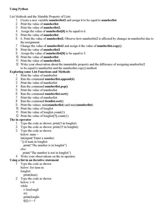 Solved Using Python Lists 1 Create A Variable Numberlist And 7690