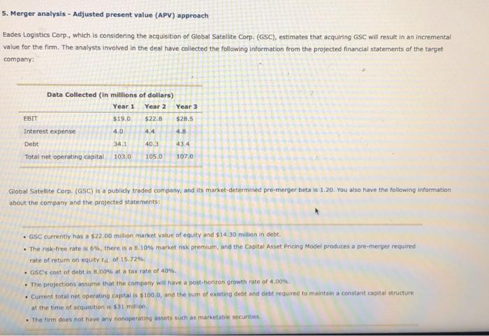 5. Merger analysis - Adjusted present value (APV) | Chegg.com