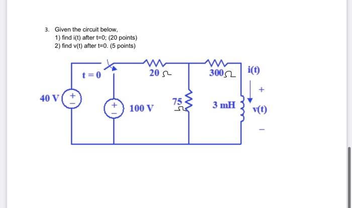 Solved 3. Given the circuit below, 1) find i(t) after t=0;; | Chegg.com