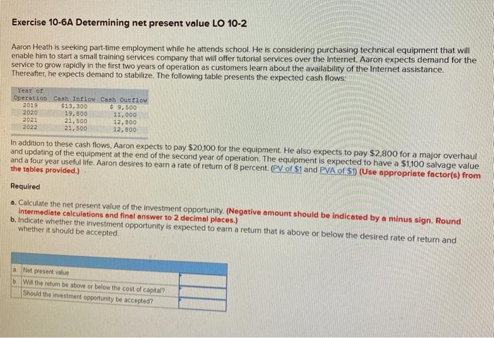 Solved Exercise 10-5A Determining net present value LO 10-2 | Chegg.com