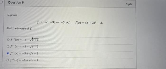 Solved Suppose f:(−∞,−3]→[−3,∞),f(x)=(x+3)2−3 Find the | Chegg.com