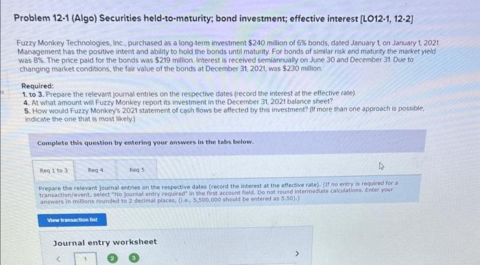 Solved Problem 12-1 (Algo) Securities held-to-maturity; bond | Chegg.com