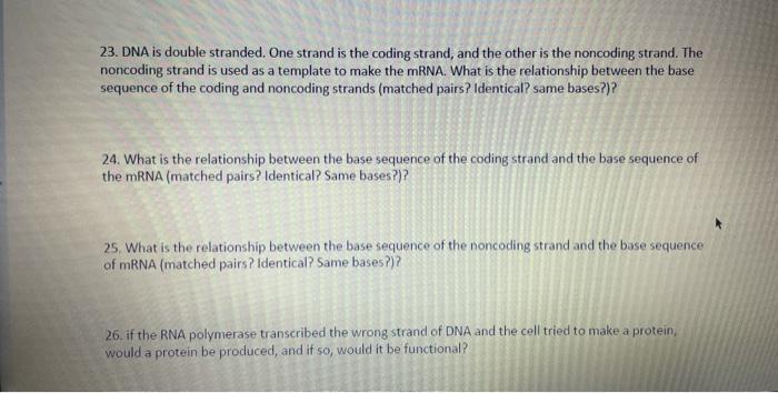 Solved 23. DNA is double stranded. One strand is the coding | Chegg.com