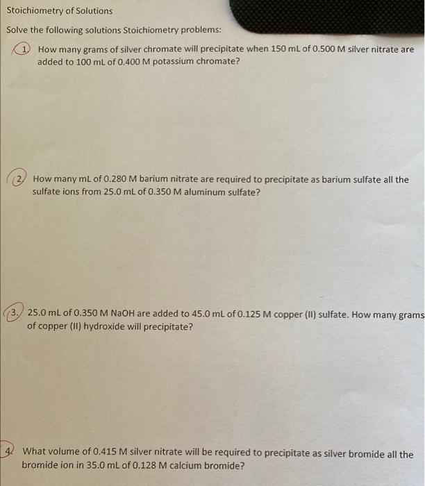 Solved Stoichiometry of Solutions Solve the following | Chegg.com