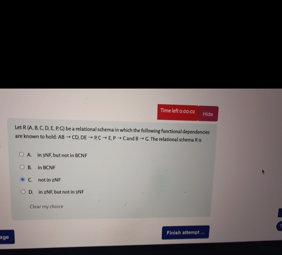 Solved Time left 0:00:02HideLet R(A,B,C,D,E,P,C) ﻿be a | Chegg.com