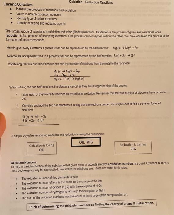 Solved Learning Objectives Oxidation-Reduction Reactions - | Chegg.com