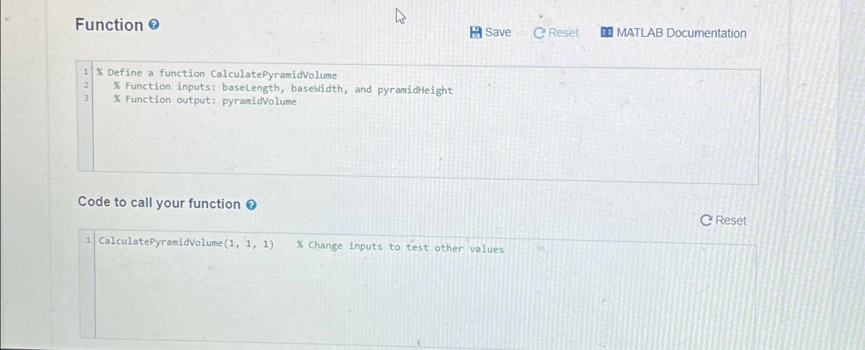 Solved Function 0H SaveC ResetMATLAB Documentation1 % | Chegg.com
