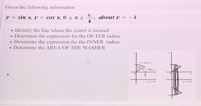Solved Given the following information y = sin x, y = cos x, | Chegg.com