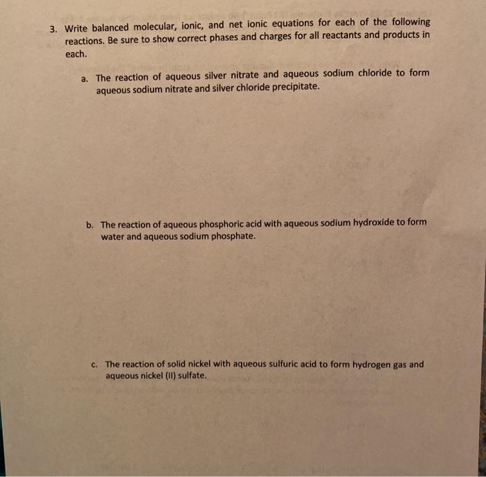 Solved 3. Write balanced molecular, ionic, and net ionic | Chegg.com