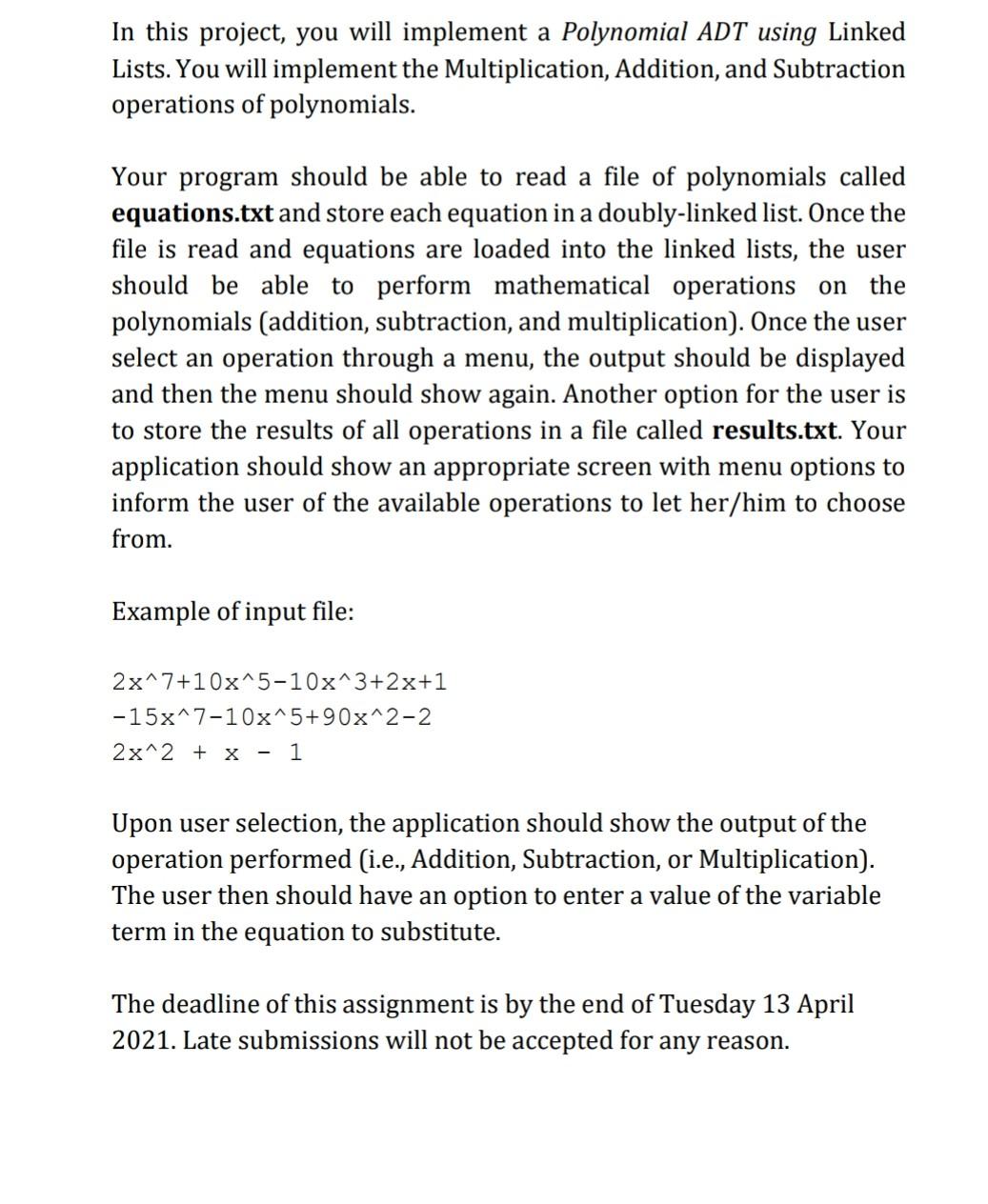Solved In this project, you will implement a Polynomial ADT | Chegg.com