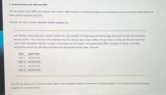 Solved 3. Understanding the IRR and NPV The net present | Chegg.com