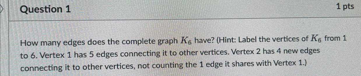 Solved Question 1How many edges does the complete graph K6 | Chegg.com