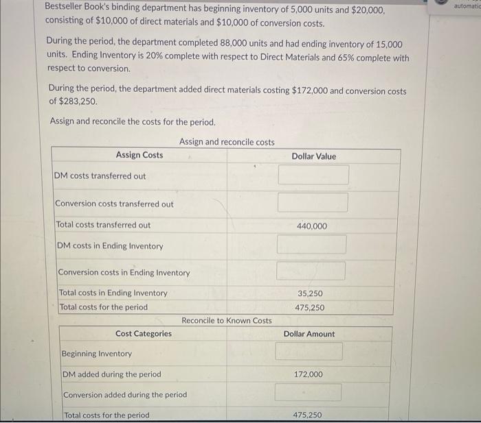 Solved Bestseller Book's binding department has beginning | Chegg.com