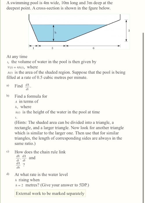 Solved A swimming pool is 4m wide, 10m long and 3m deep at | Chegg.com