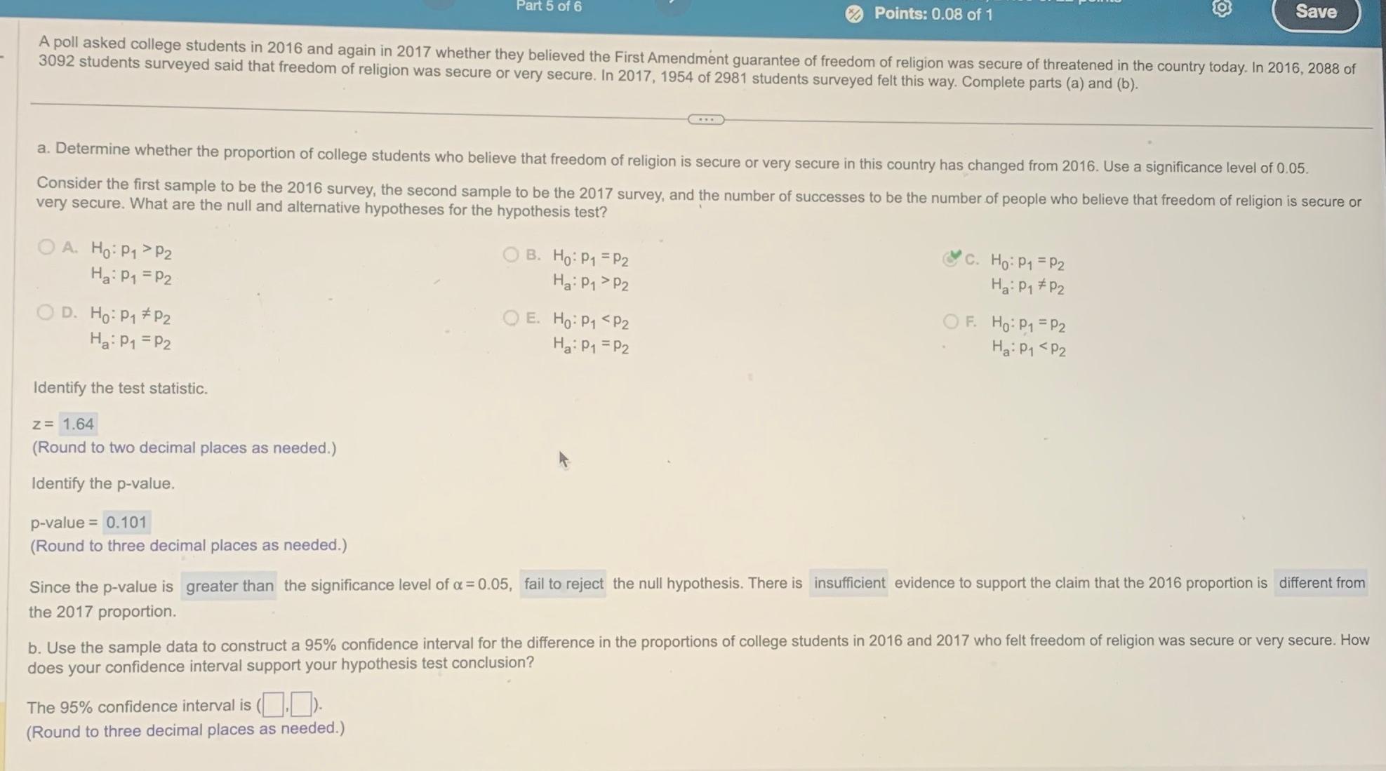 Solved Part 5 ﻿of 6Points: 0.08 ﻿of 1Save3092 ﻿students | Chegg.com