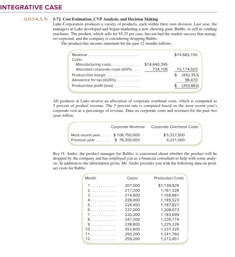 Solved (LO 5-4, 5, 9) 5-72. ﻿Cost Estimation, CVP Analysis, | Chegg.com